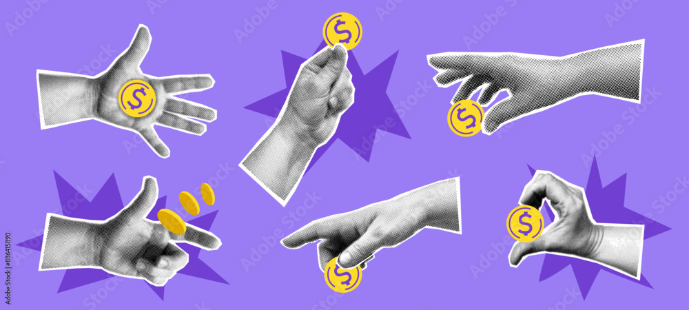 Collage with set of halftone hands, cash money and shapes. Payment ...