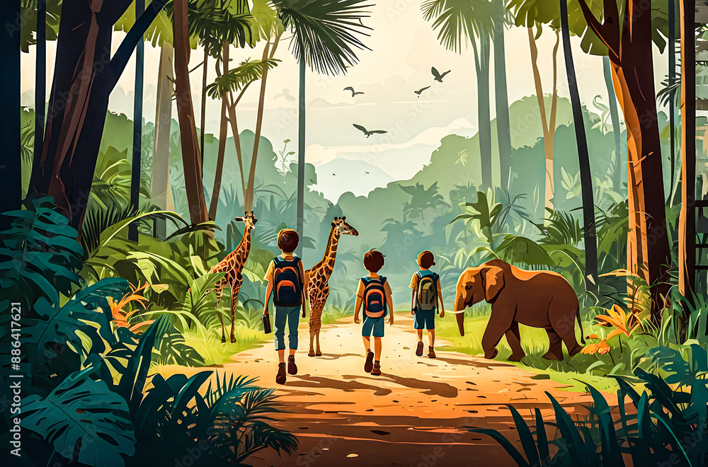 Kids on a safari adventure in a jungle with wild animals vector art ...