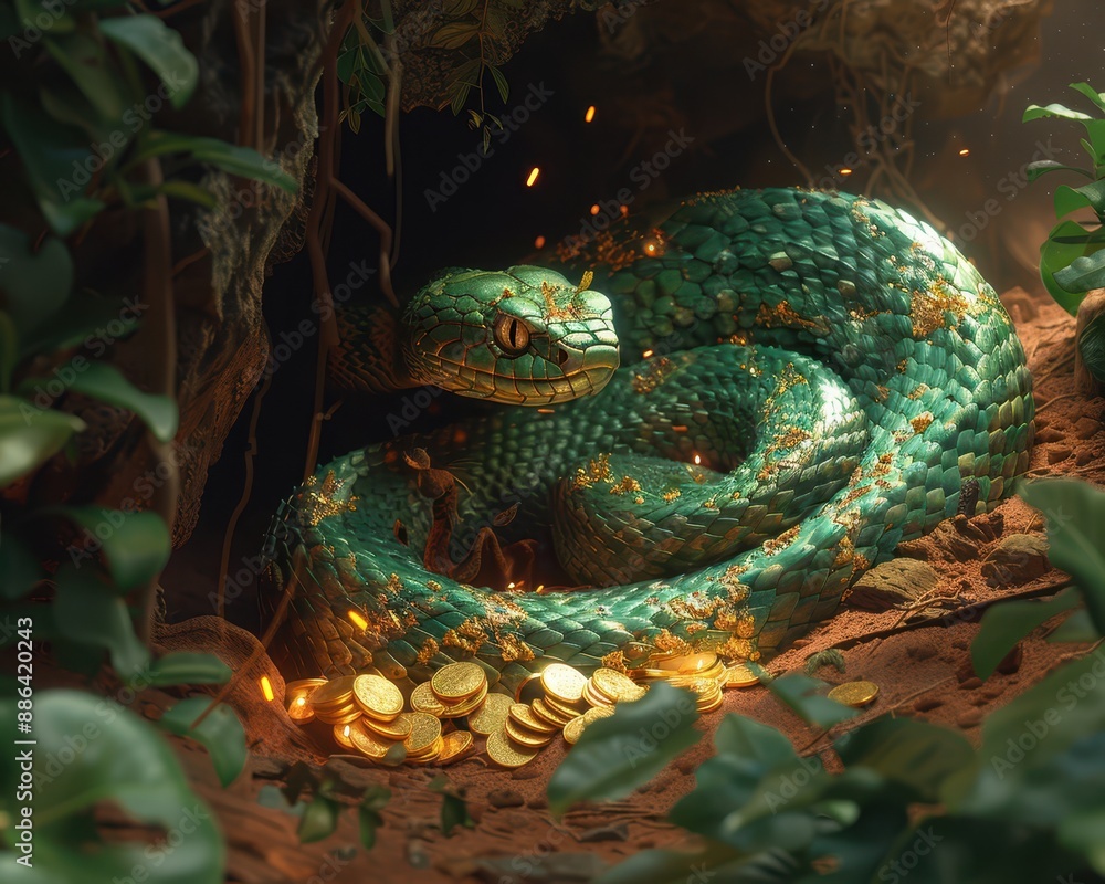 Enigmatic Naga Serpent Guarding Ancient Relics and Gold Coins in Jungle ...