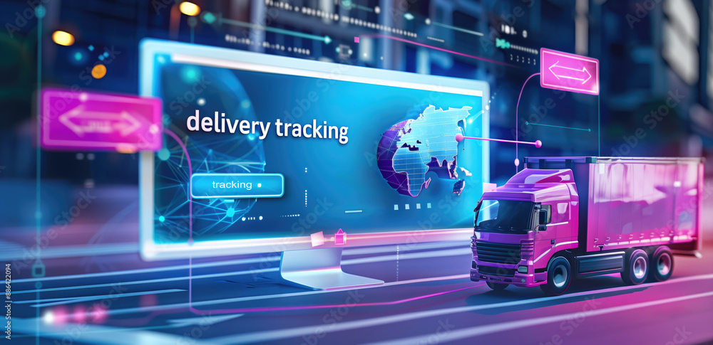 Delivery tracking system displayed on a digital screen next to a truck ...