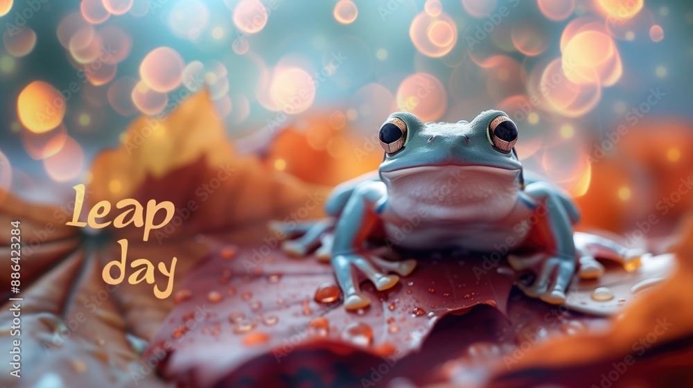 Blue frog sitting on autumn leaves with bokeh lights and "leap day ...