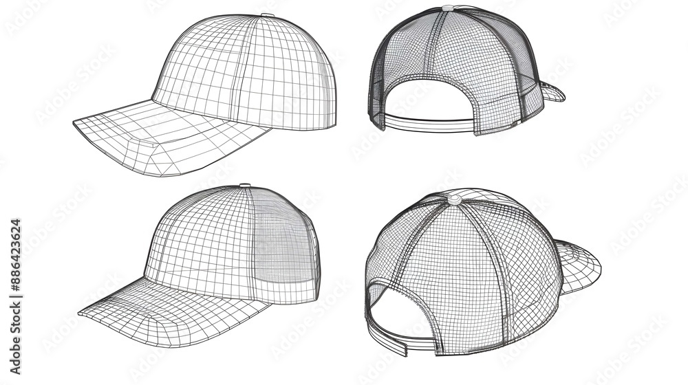 Technical drawing illustration of a trucker hat snapback. Blank ...