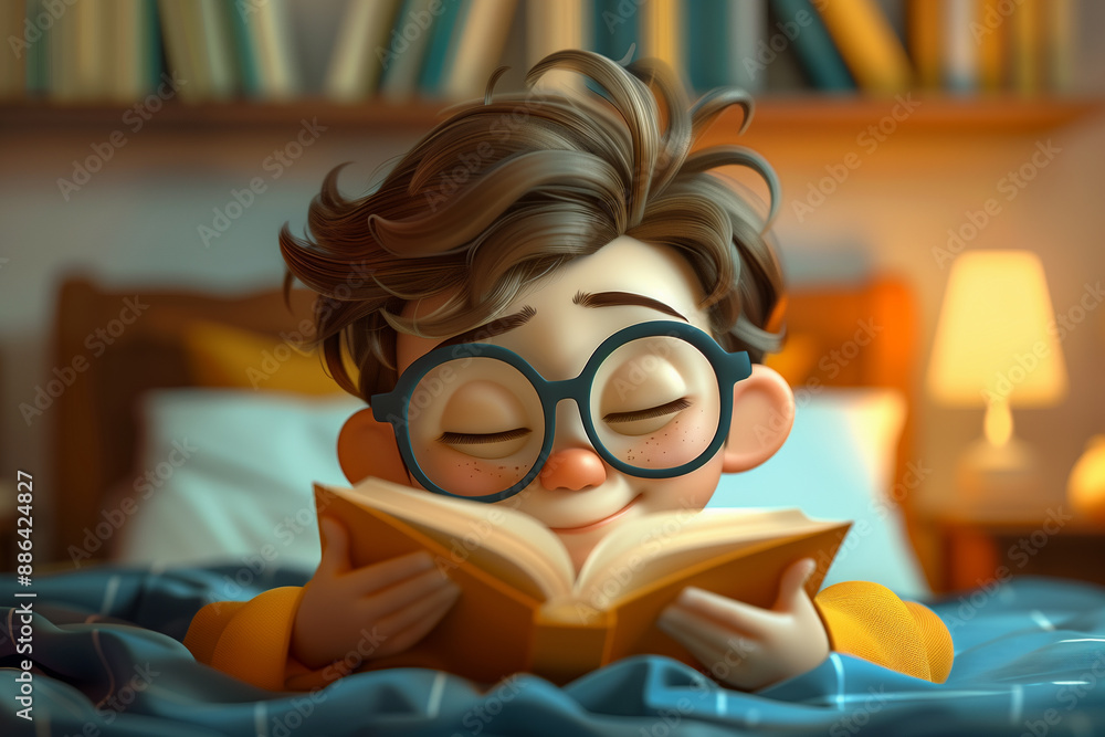 cartoon boy with glasses fell asleep reading a book in a bed Stock ...