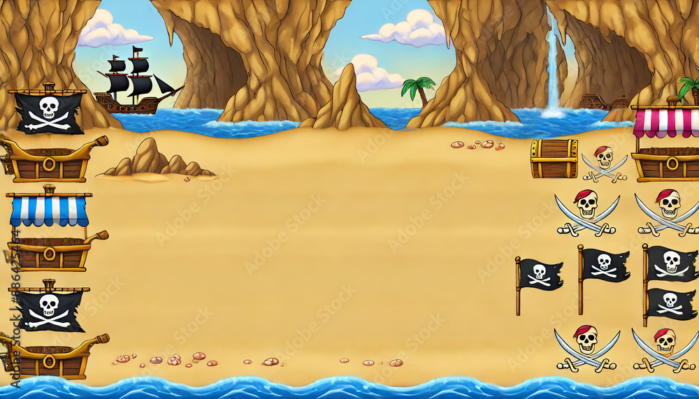 Pirate island RPG game background with beaches and ships Stock ...