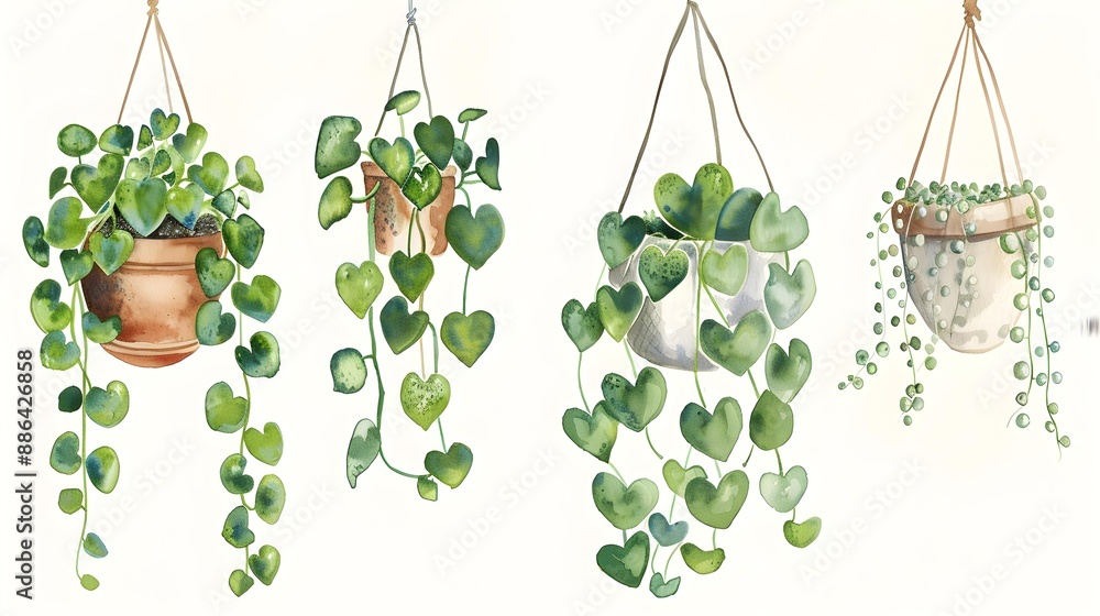 String of Pearl and String of Heart plants showcased in a watercolor ...