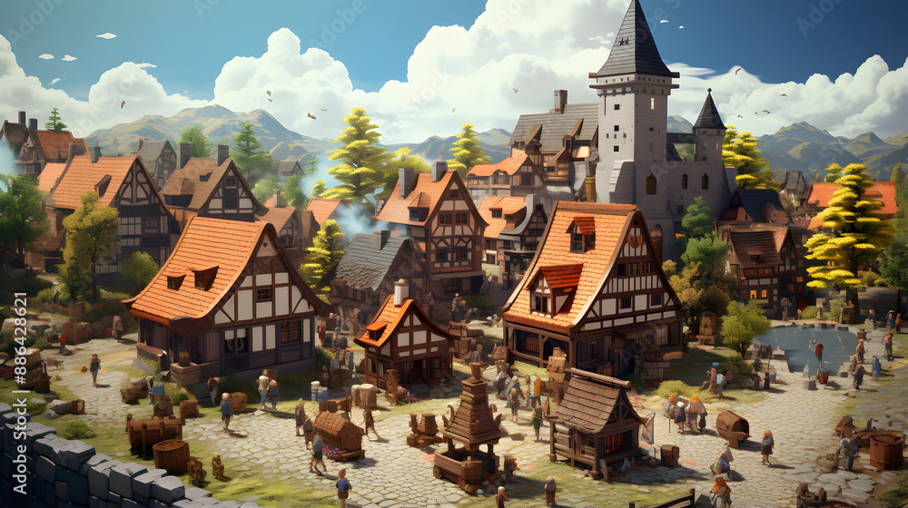 A bustling medieval town with cobblestone streets, timber-framed houses ...