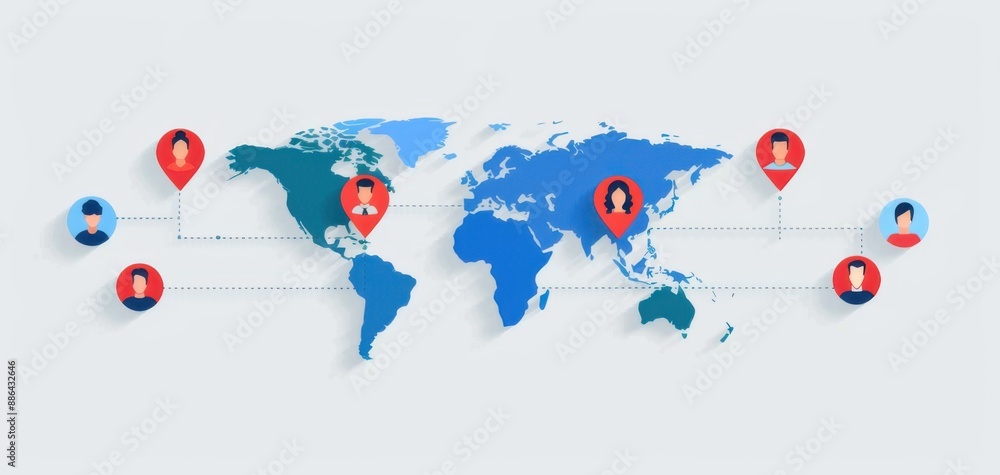 Illustration of a world map with red location pins connecting people ...