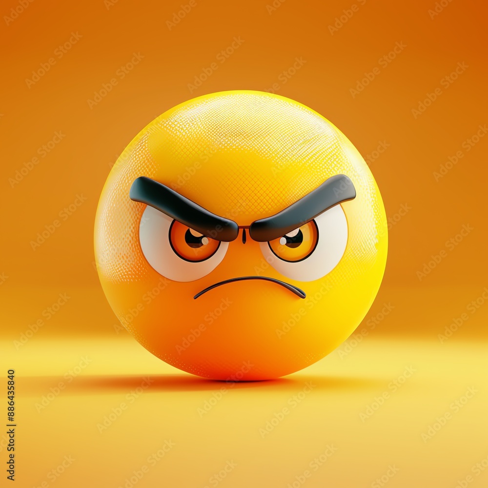 3D rendered image of an angry yellow emoji with furrowed brows on an orange background ...