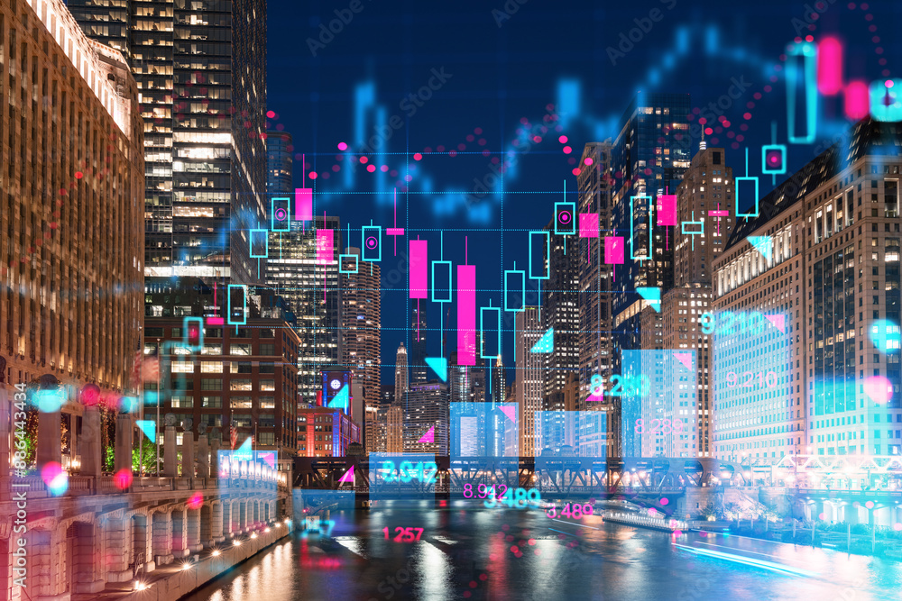 Chicago skyline at night with digital hologram overlays of financial ...
