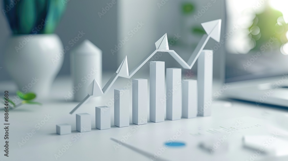 Simple white paper cut art icon of a bar graph, set on a desk office ...