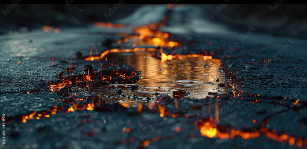 Molten asphalt seeping through cracks in a road with glowing embers and ...