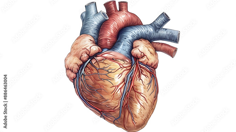 Detailed illustration of the human heart with all its major arteries ...