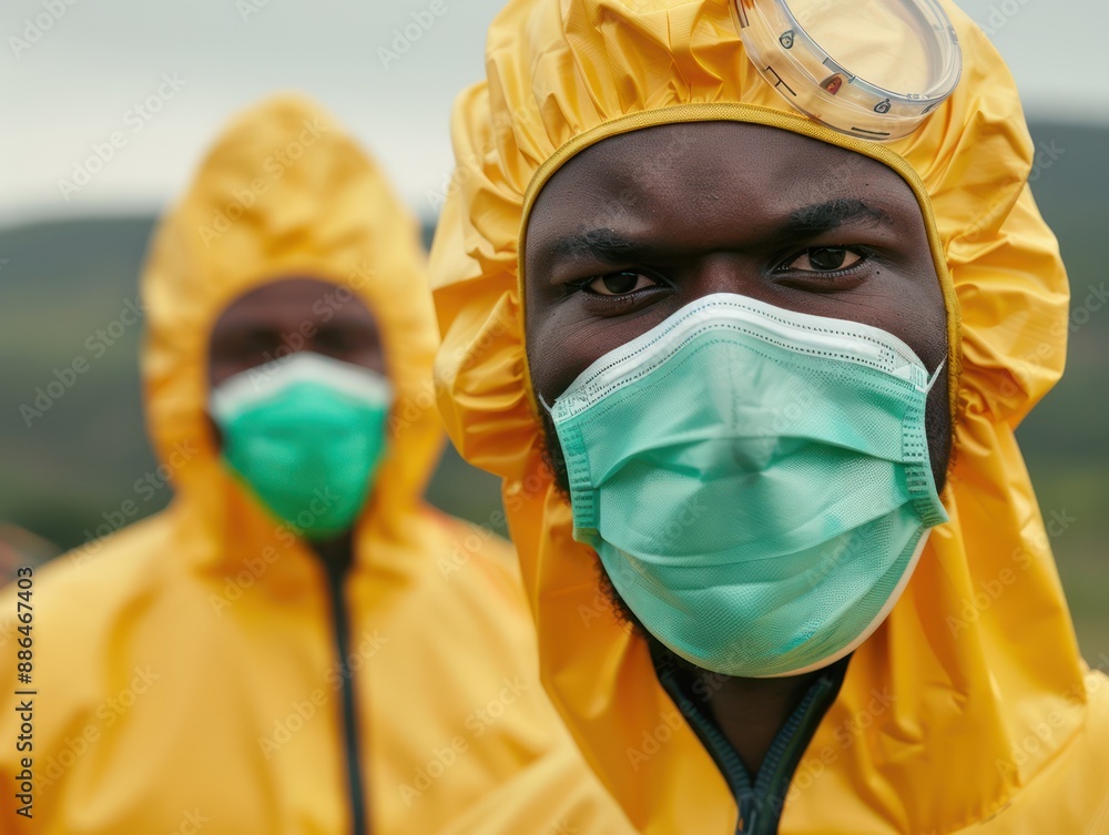 Two Men Wearing Yellow Hazmat Suits and Face Masks, Safety, Protection ...