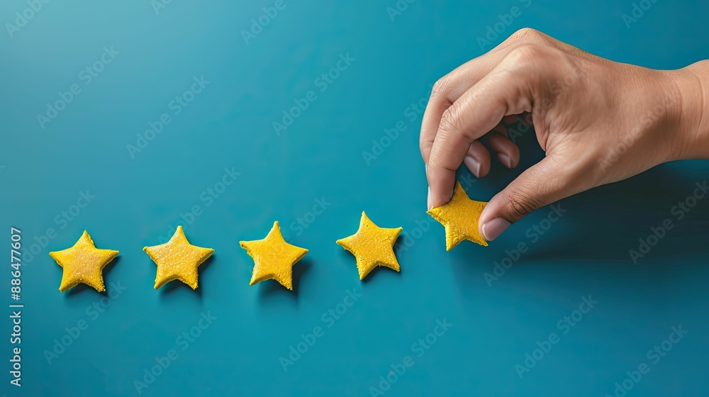 Hand placing the fifth star in a row of four yellow stars on a blue ...