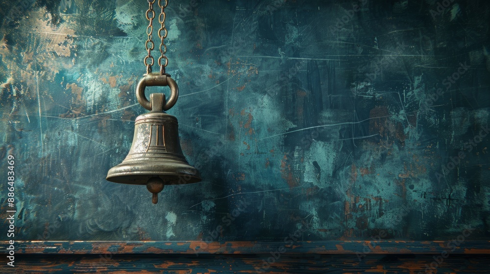 traditional school bell displayed on chalkboard, creating a back to ...