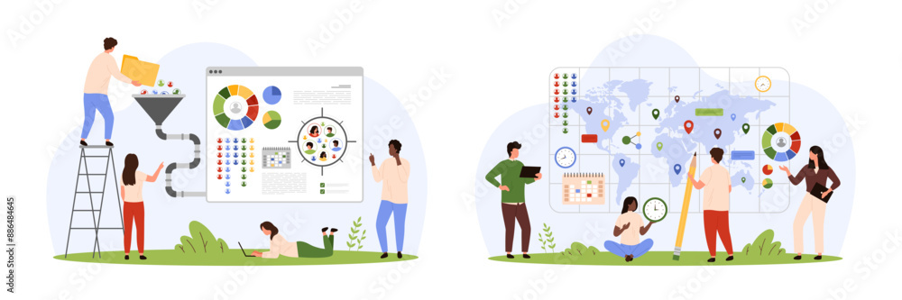Sociology, global population and interaction analysis set. Tiny people ...