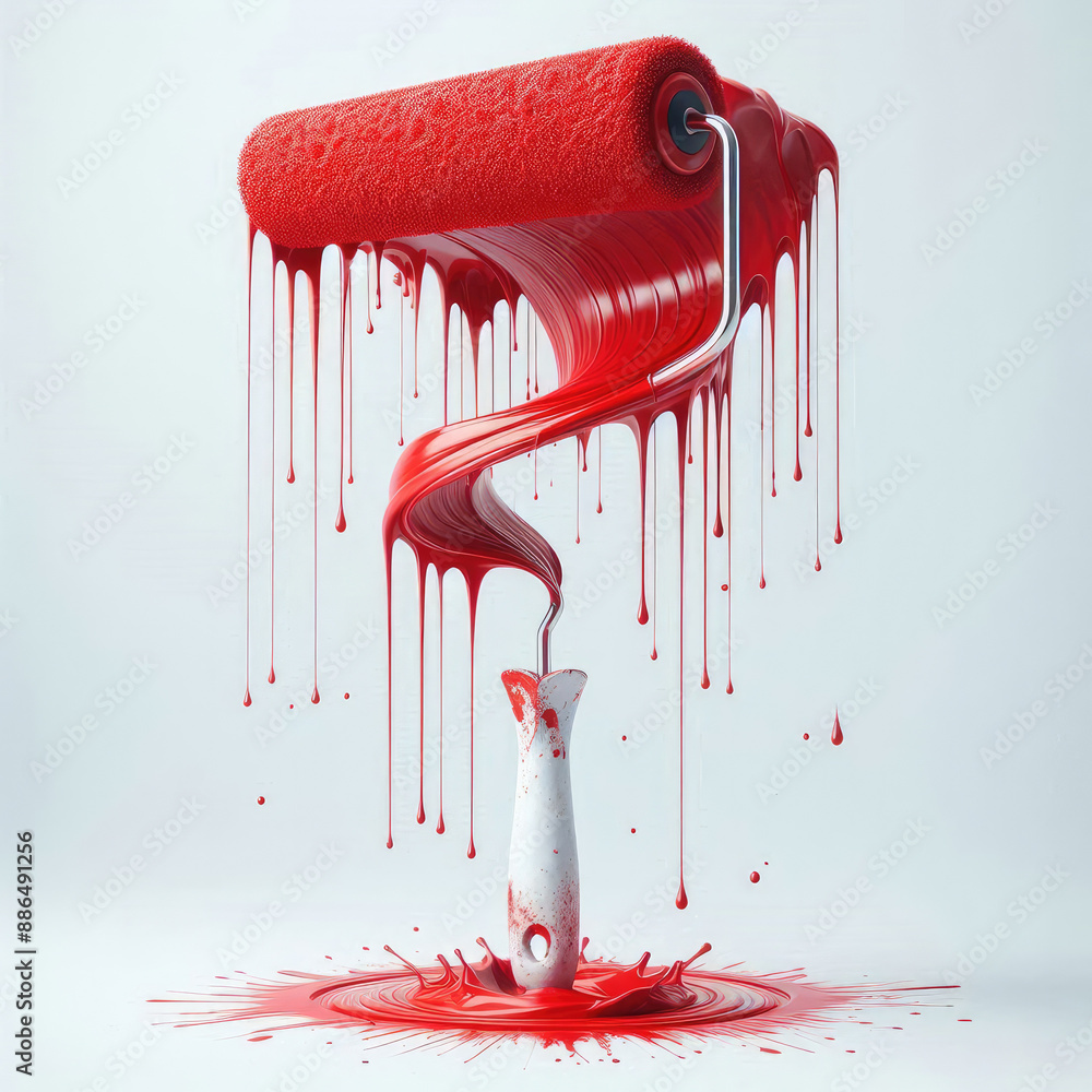 A vivid red paint roller dripping paint into a white vase against a ...