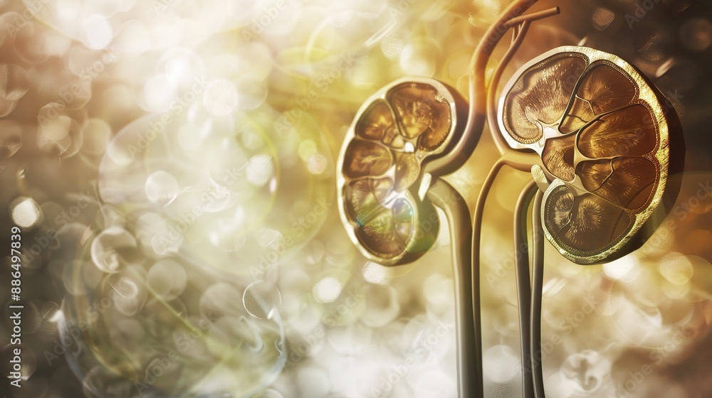 Illustration of a kidney with renal failure, highlighting the ...