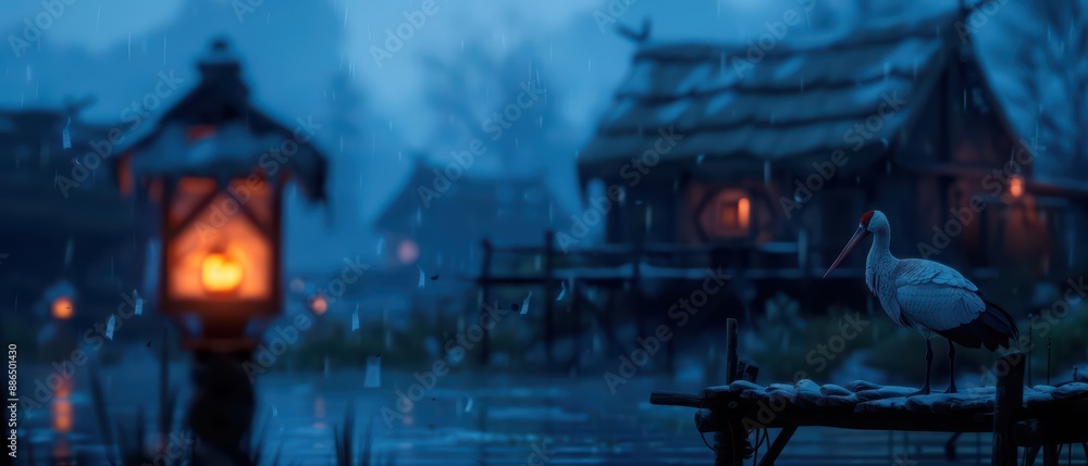 A stork dressed as a postman is delivering glowing letters in an ...