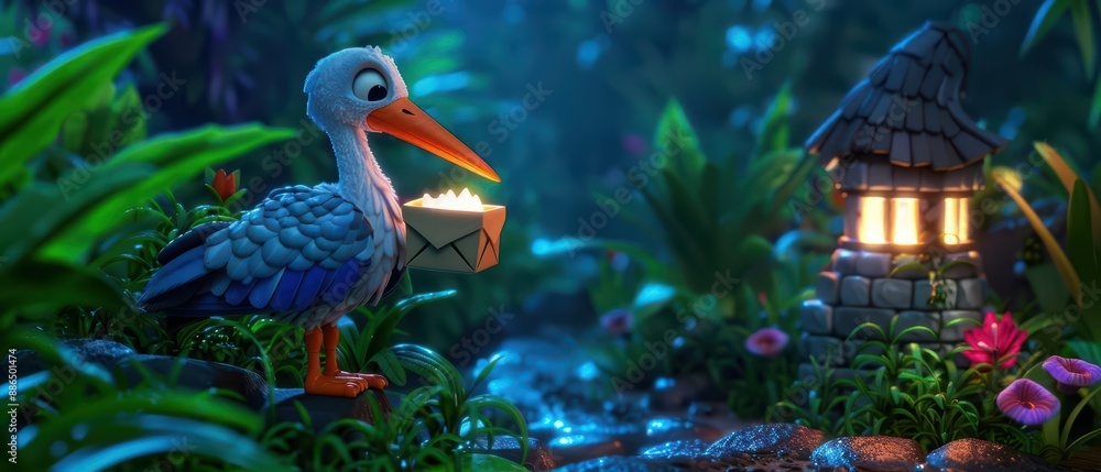 A stork dressed as a postman is delivering glowing letters in an ...