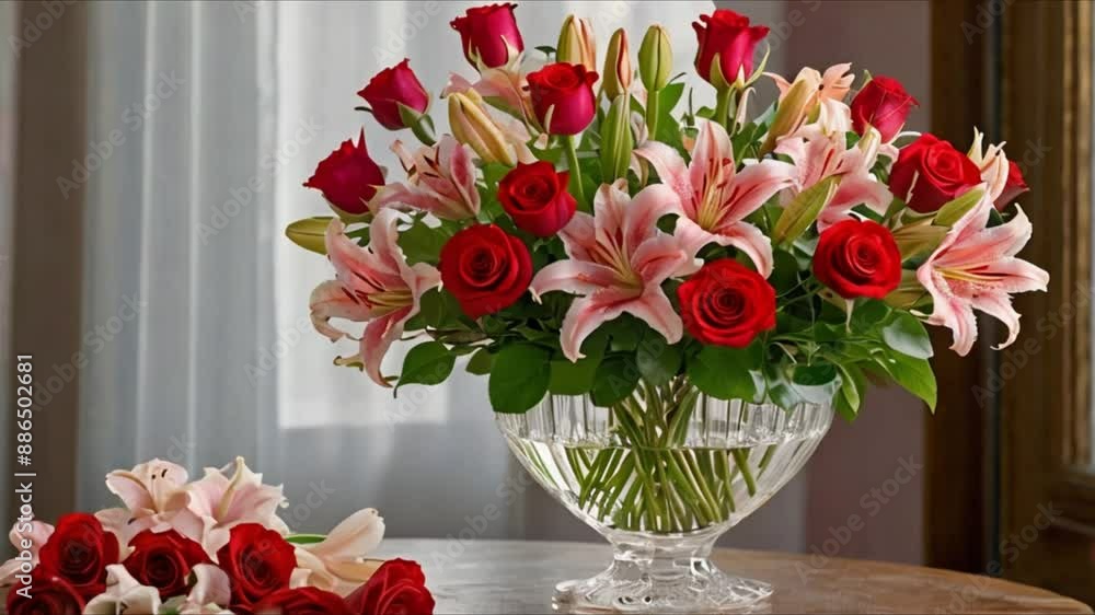 A bouquet of red roses and pink lilies in a crystal vase. The flowers ...
