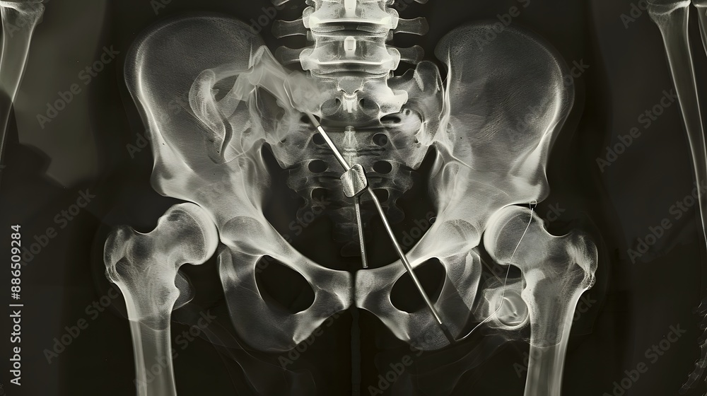 X-Ray of a Hip Replacement: X-ray image of a human hip with a ...