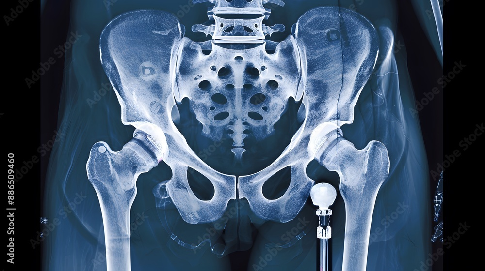 X-Ray of a Hip Replacement: X-ray image of a human hip with a ...