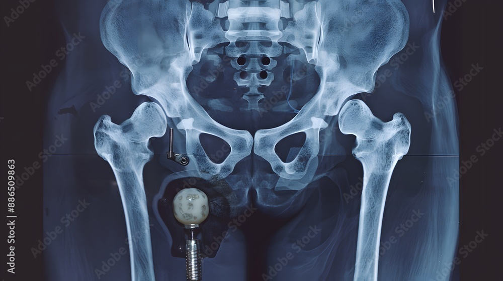 X-Ray of a Hip Replacement: X-ray image of a human hip with a ...