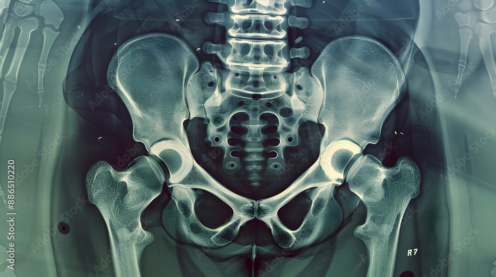 X-Ray of a Hip Replacement: X-ray image of a human hip with a ...