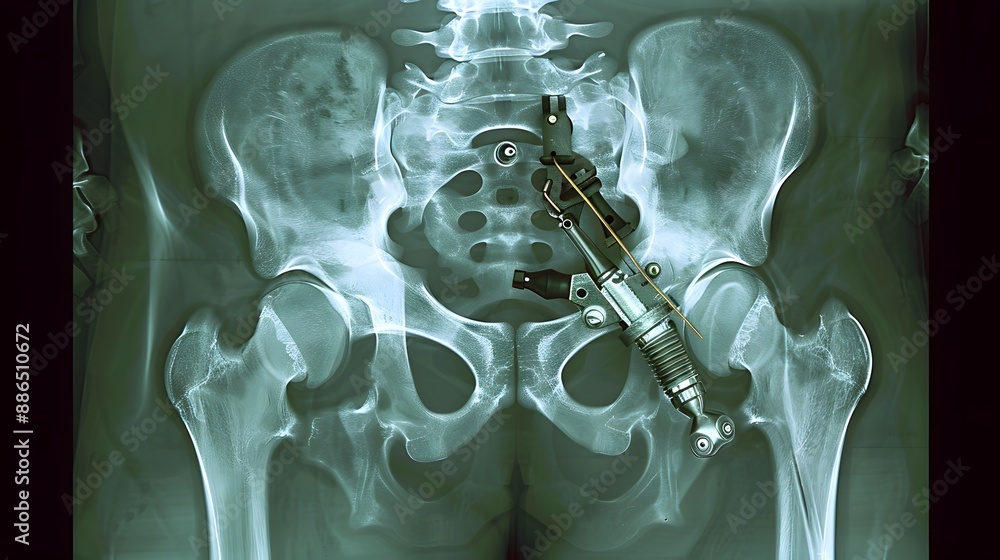 Foto de X-Ray of a Hip Replacement: X-ray image of a human hip with a ...