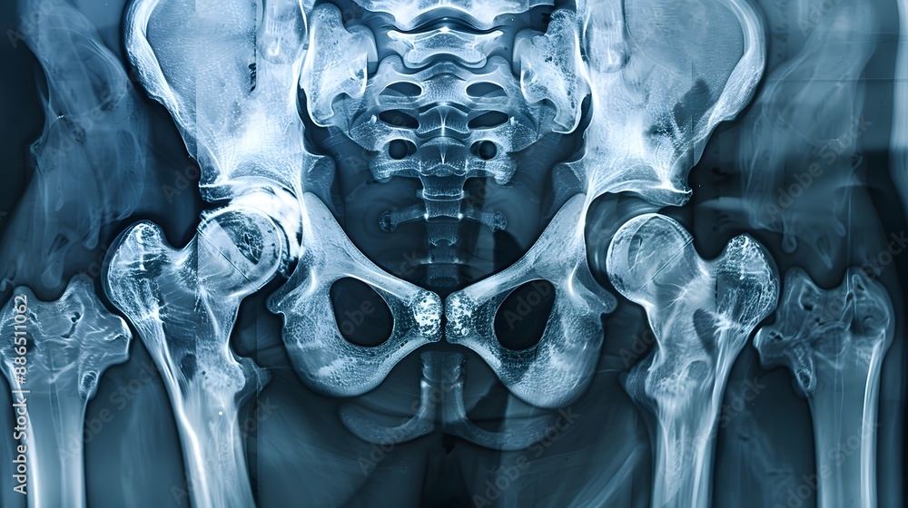 X-Ray of a Hip Replacement: X-ray image of a human hip with a ...