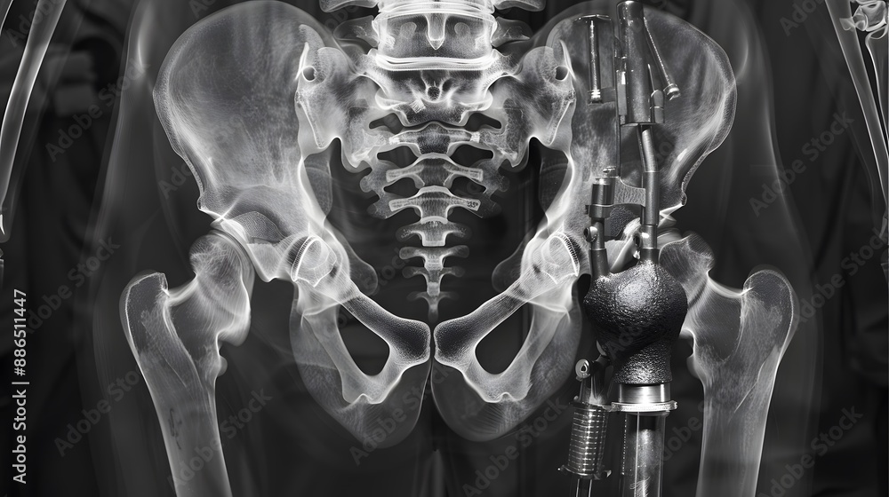 X-Ray of a Hip Replacement: X-ray image of a human hip with a ...