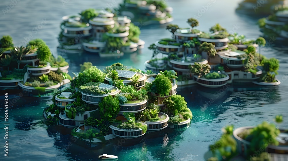 An eco-friendly floating city concept on a calm sea. Modular hexagonal ...