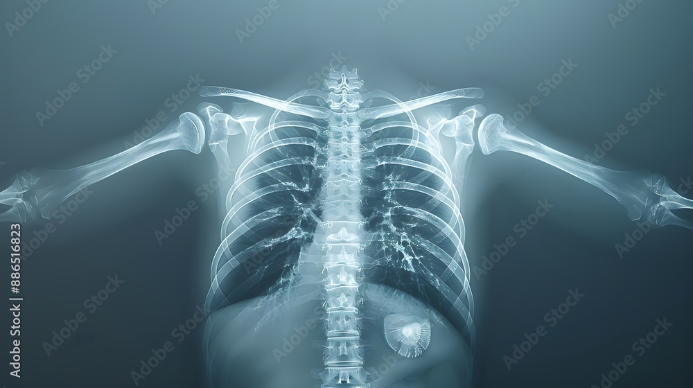 X-Ray of a Rib Cage: X-ray image of a human rib cage, highlighting ribs ...