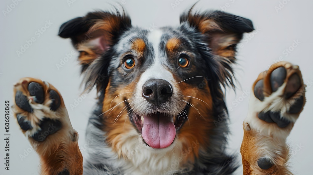 Australian Shepherd portrait, playful dog pose, paws outstretched ...