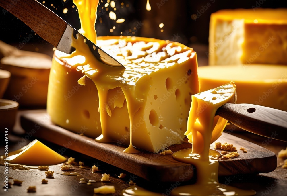 melting raclette cheese wheel being scraped cheese scraper, scraping ...