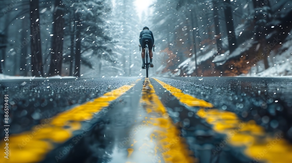 Cyclist in black cycling gear riding on wet road, heavy snowfall ...