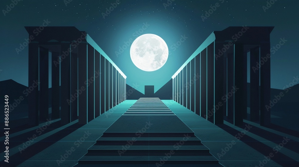 Ancient ruins glowing under a full moon, with cryptic symbols and a ...