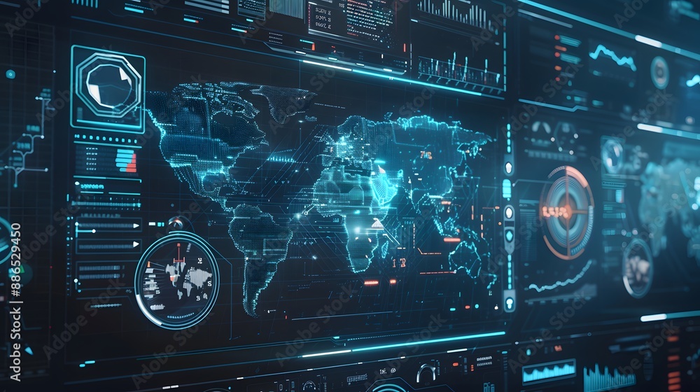 A computer screen shows a map of the world with many lines and numbers ...
