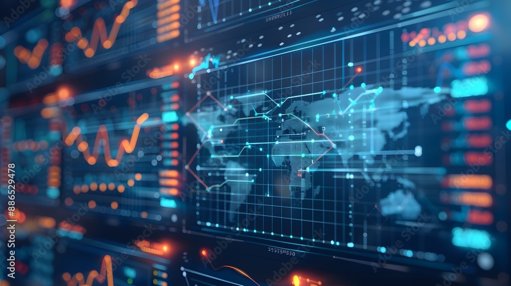 A computer screen shows a map of the world with many lines and numbers ...