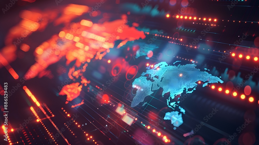 A computer screen shows a map of the world with many lines and numbers ...