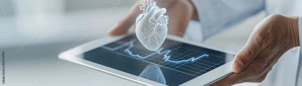 A close-up of a student's hand holding a tablet with a digital anatomy ...