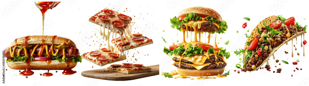 fast food items including a hot dog with sauces, a double cheeseburger ...