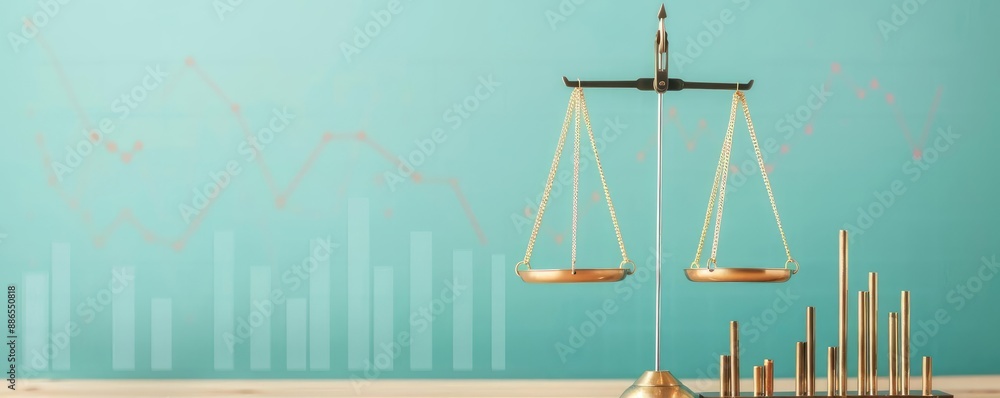 Equality scales balanced with emission charts and market graphs ...