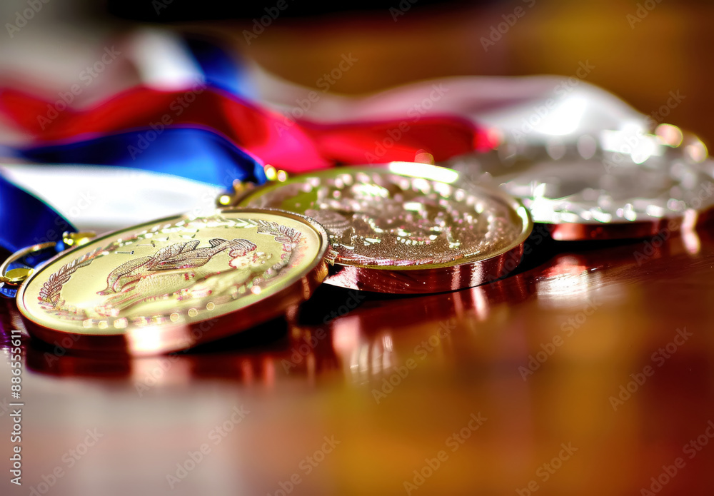 Olympic Medals in Focus with French Ribbon. A vibrant image showing ...