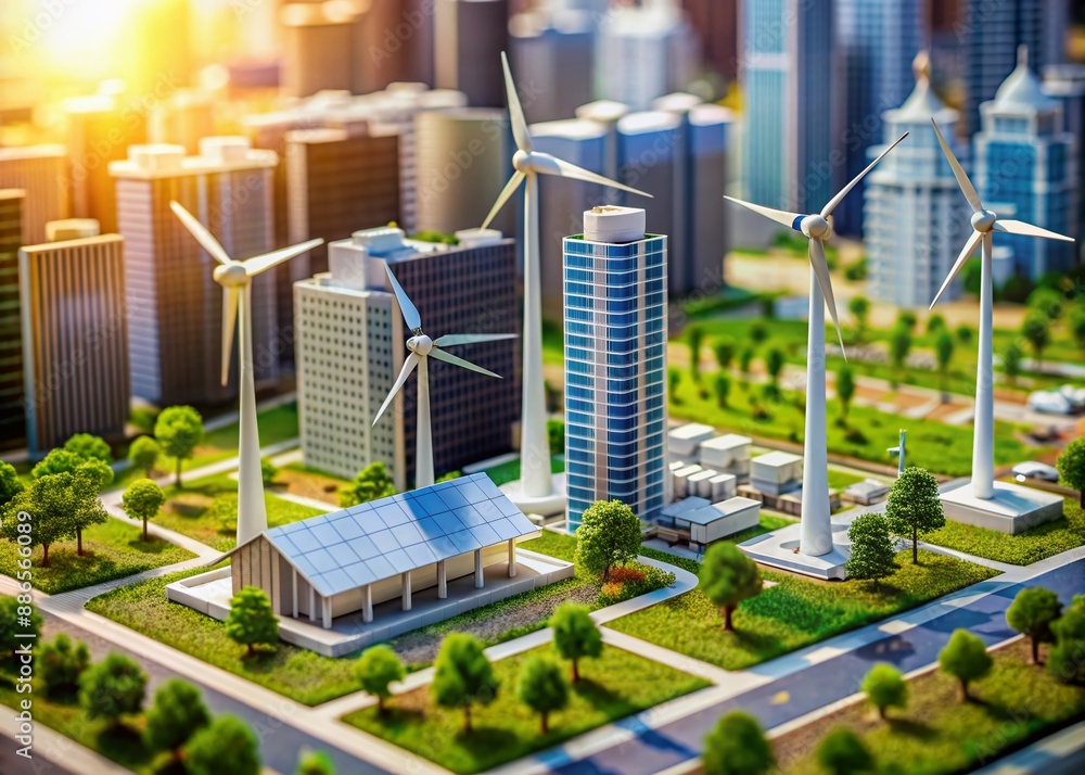 Miniature cityscape model with futuristic turbine and solar panel ...