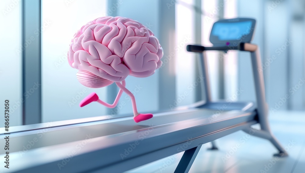 A cute pink brain with legs running on the treadmill, in the cartoon ...