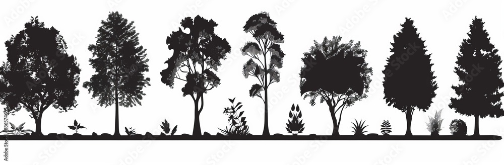 Set of silhouette tree line drawings, side view, set of trees elements ...