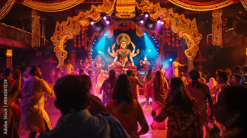 Navratri festival, people wearing traditional clothes dance cheerfully ...