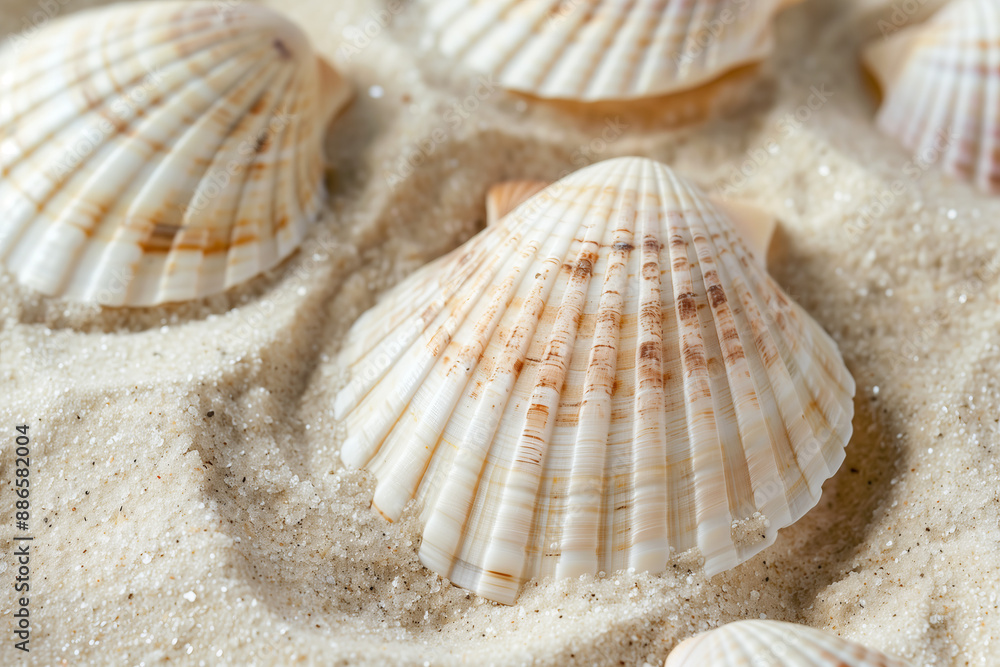 Sea scallop shells pattern close up detail under sea ocean water, beach ...